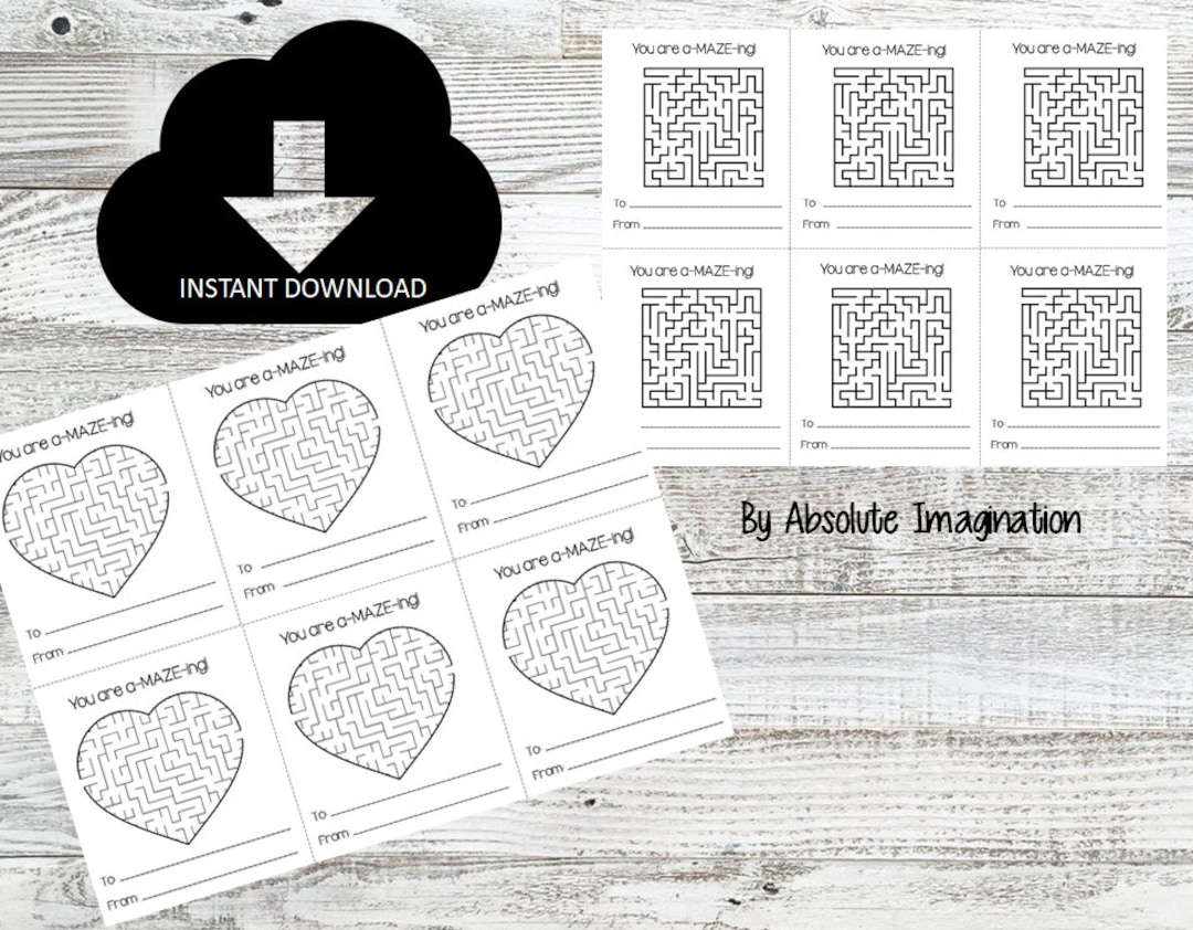 Printable Maze Valentine's Day Cards, Kids Holiday Party, Digital ...