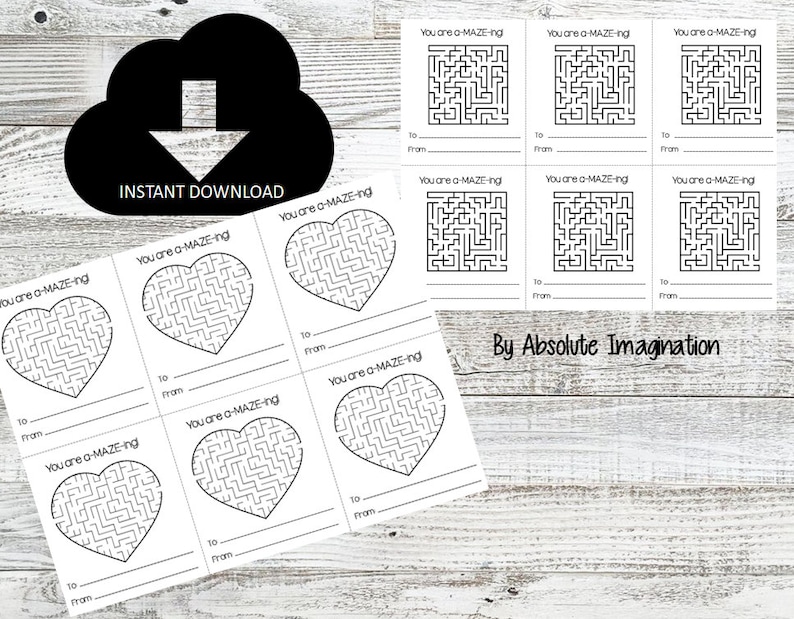 Printable Maze Valentine's Day Cards, Kids Holiday Party, Digital ...