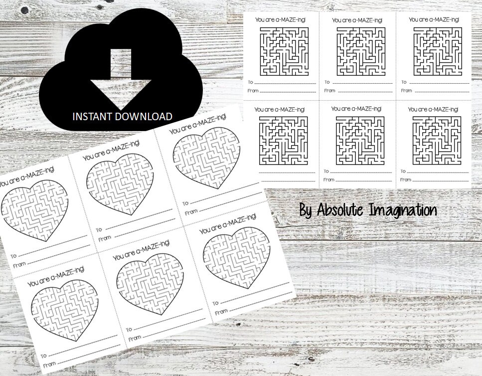 Printable Maze Valentine's Day Cards, Kids Holiday Party, Digital ...