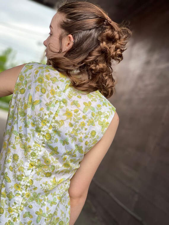 1960s Floral Butterfly Shift Dress-Yellow Green-Mod-B… - Gem