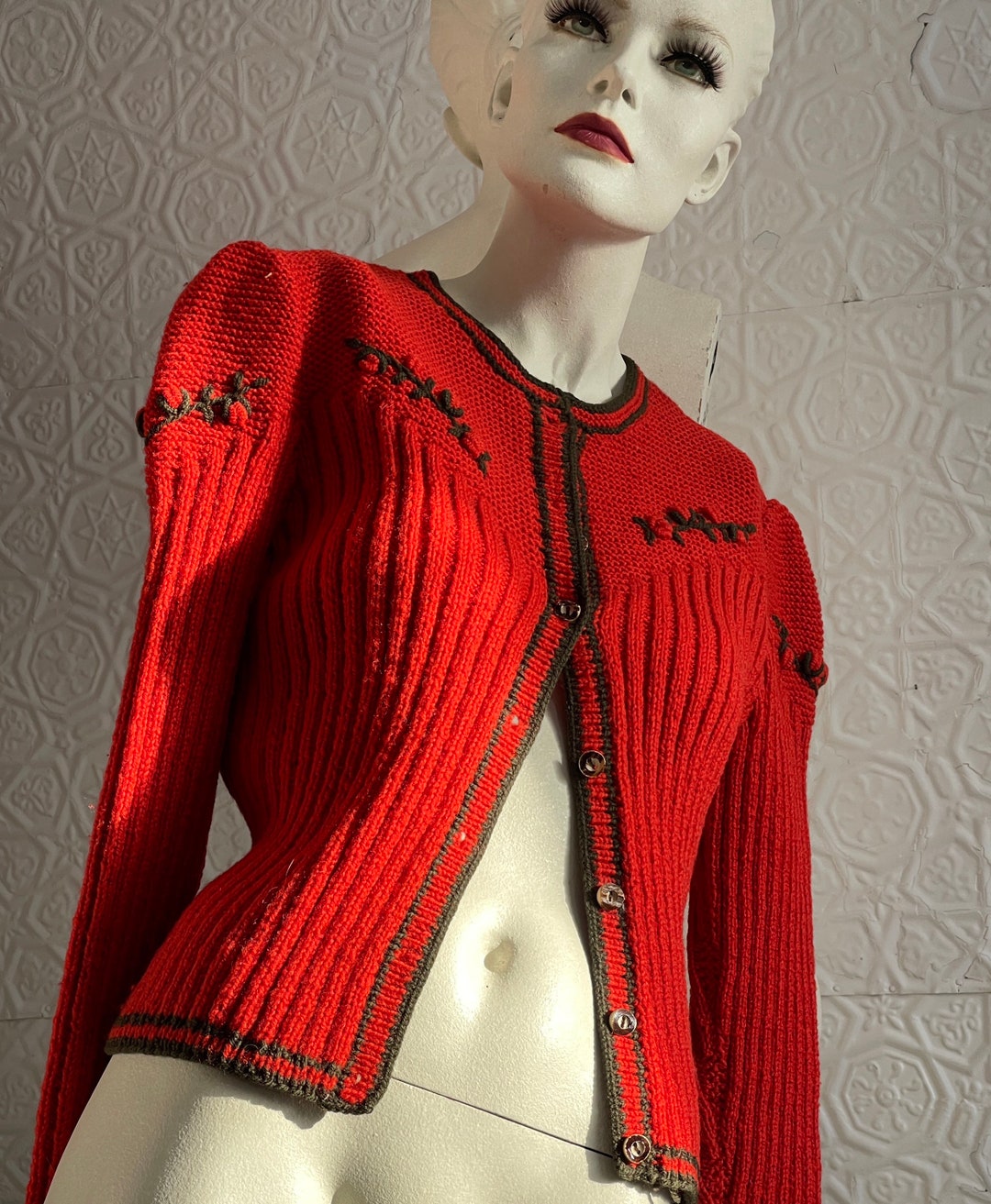 Red Vintage 1960s Tyrolean Cardigan Sweater-puff Sleeve-wool-antler ...