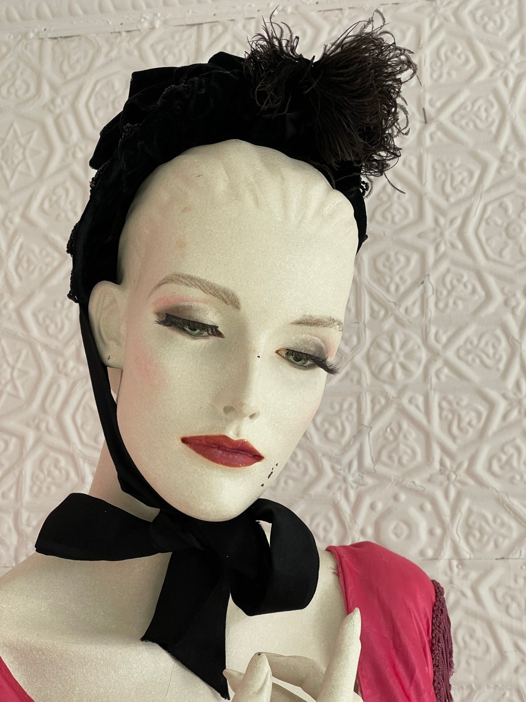 Black Velvet Victorian Bonnet-jet Bead-ostrich Feather-antique ...