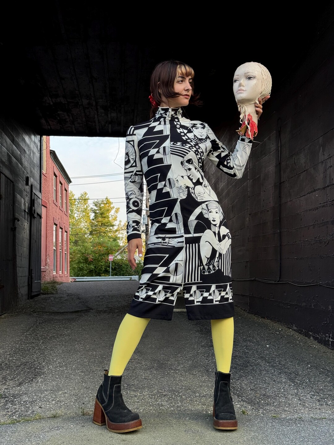 1970s Rare Black and White Print Dress by Casandra-deco Style-figures ...