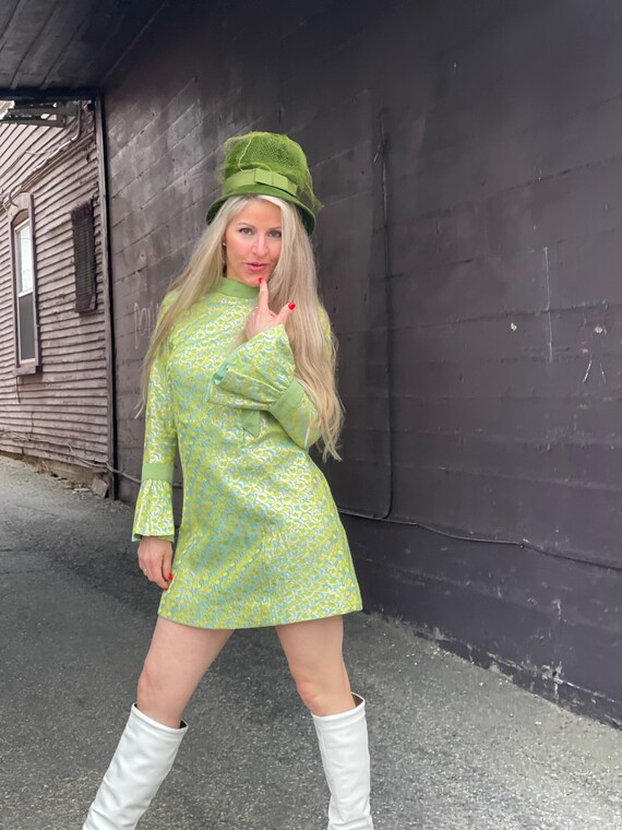 1960s Mod Metallic Green Mini Dress-London-Carnaby St… - Gem