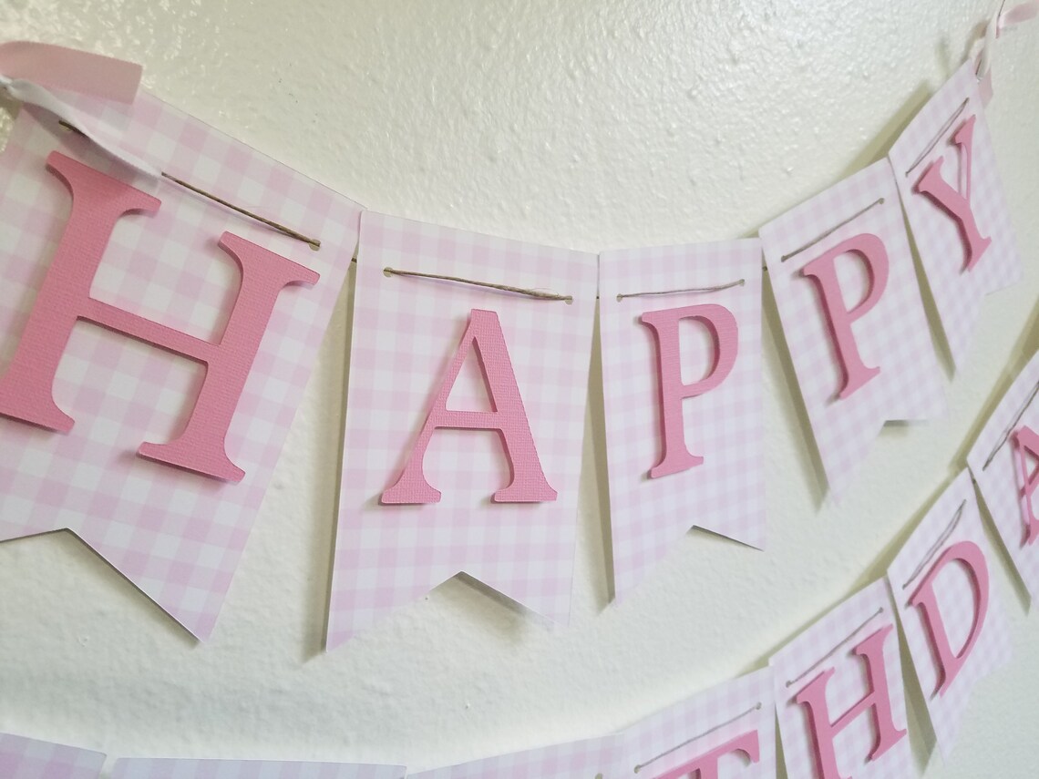 Pink Gingham Happy Birthday Banner, Birthday Banner, Happy 1st Birthday ...