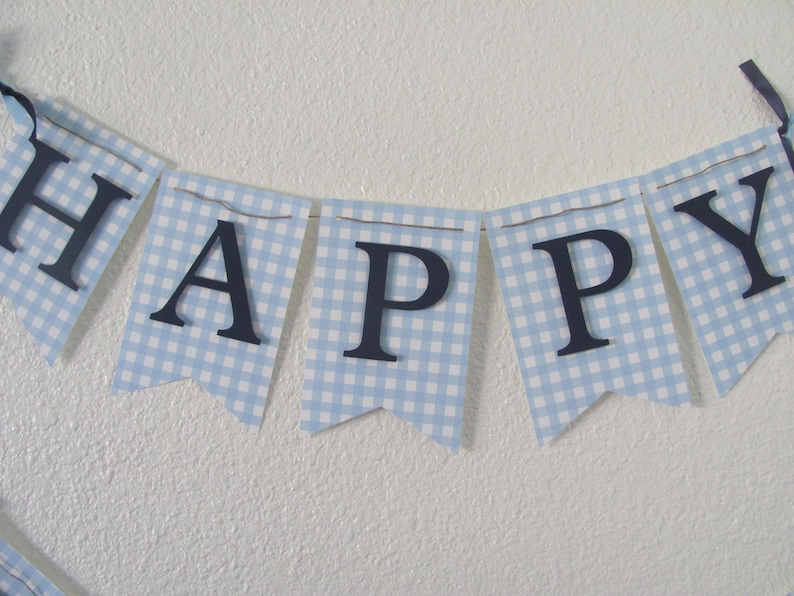 Blue Gingham Happy Birthday Banner, Birthday Banner, Happy 1st Birthday ...