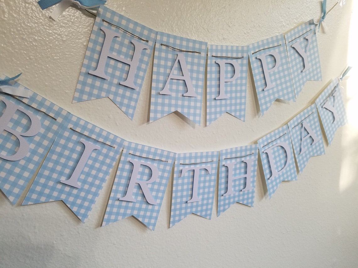 Blue Gingham Happy Birthday Banner Birthday Banner Happy 1st | Etsy