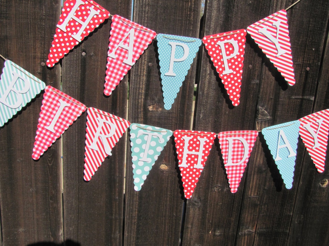 Red Turquoise White Happy Birthday Banner Birthday | Etsy