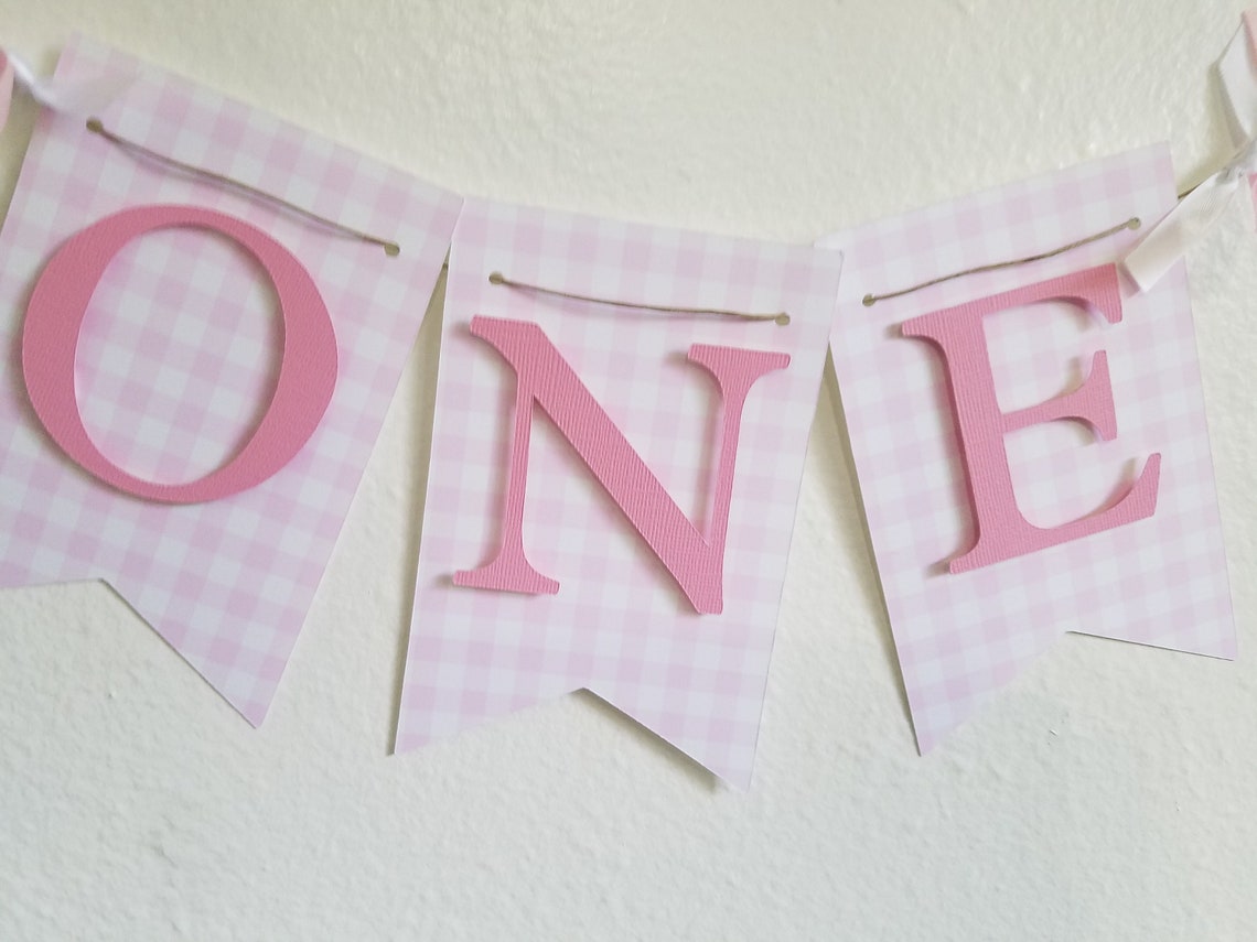Pink Gingham Happy Birthday Banner, Birthday Banner, Happy 1st Birthday ...