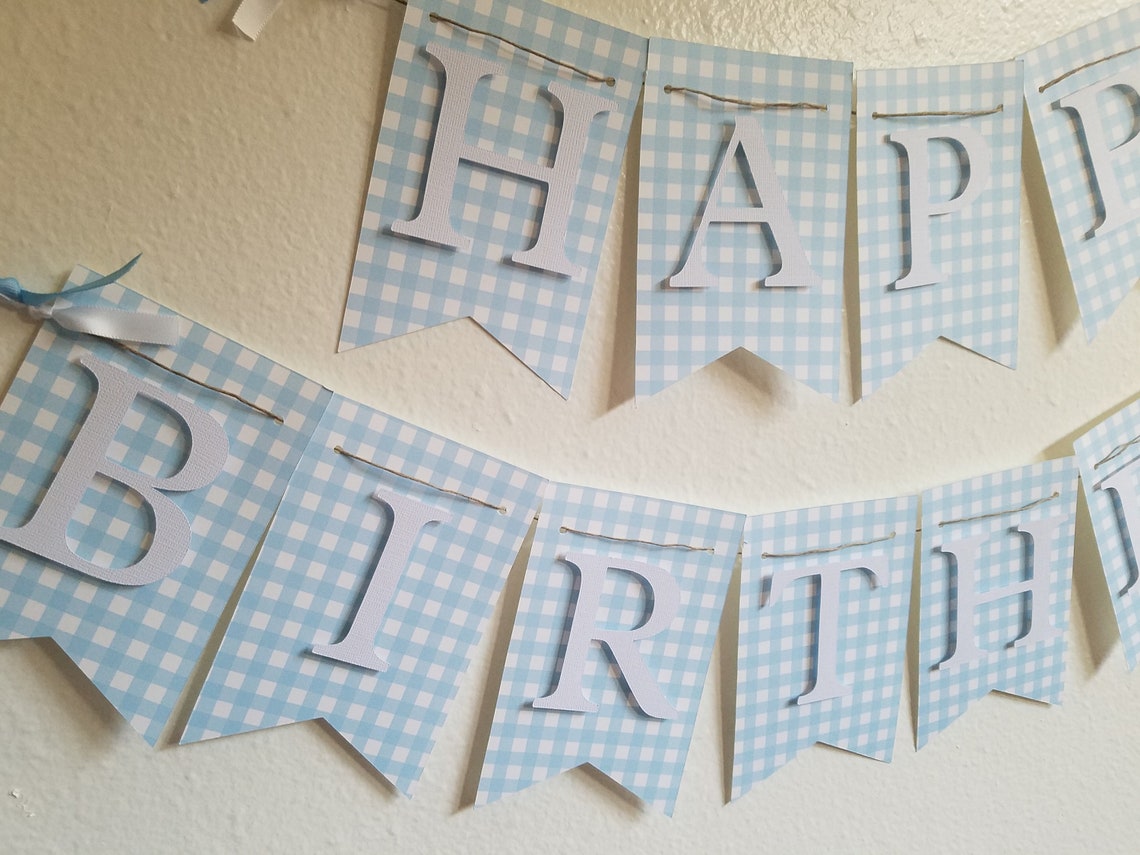 Blue Gingham Happy Birthday Banner: Checkered Party Decor - Etsy
