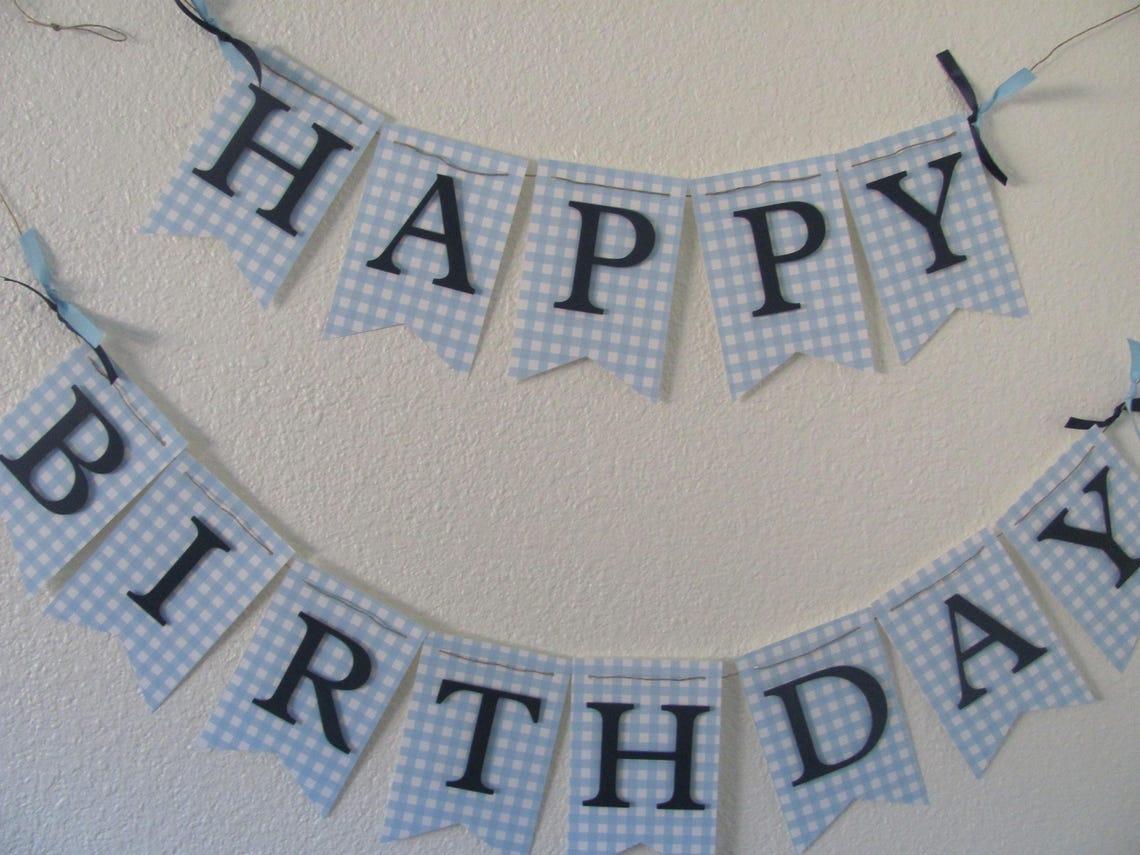 Blue Gingham Happy Birthday Banner, Birthday Banner, Happy 1st Birthday ...