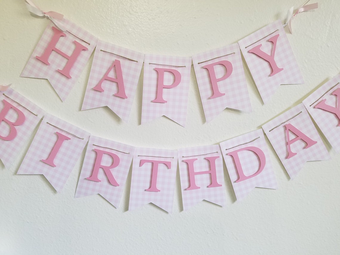 Pink Gingham Happy Birthday Banner, Birthday Banner, Happy 1st Birthday ...