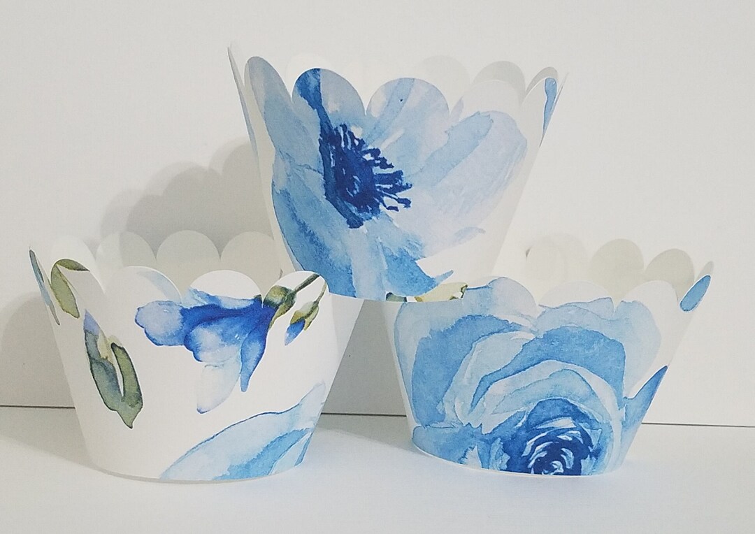 Cupcake Wrappers, Blue Floral Cupcake Wrappers, Blue Floral Decorations ...