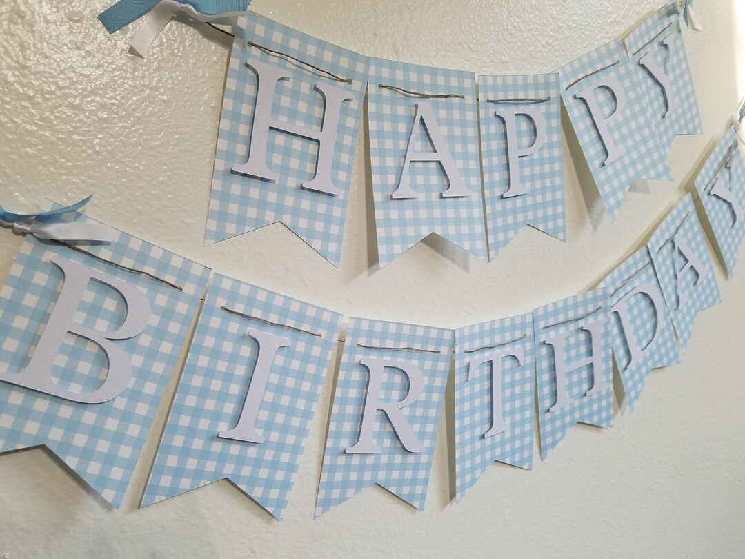 Blue Gingham Happy Birthday Banner: Checkered Party Decor - Etsy