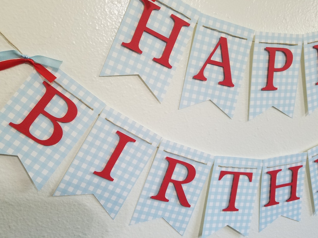 Blue Gingham Happy Birthday Banner, Birthday Banner, Happy 1st Birthday ...