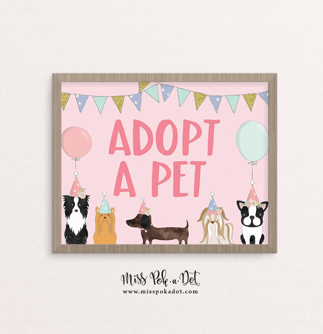 Adopt A Pet Sign, Printable, Dog Birthday Party, Puppy Adoption, Girl ...
