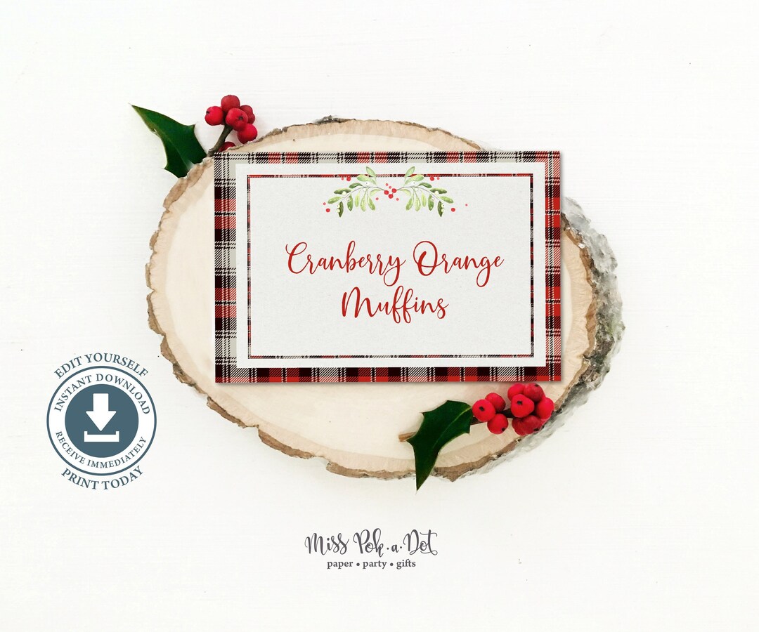 Farmhouse Christmas Party Food Sign, Editable, Printable Card, Plaid ...