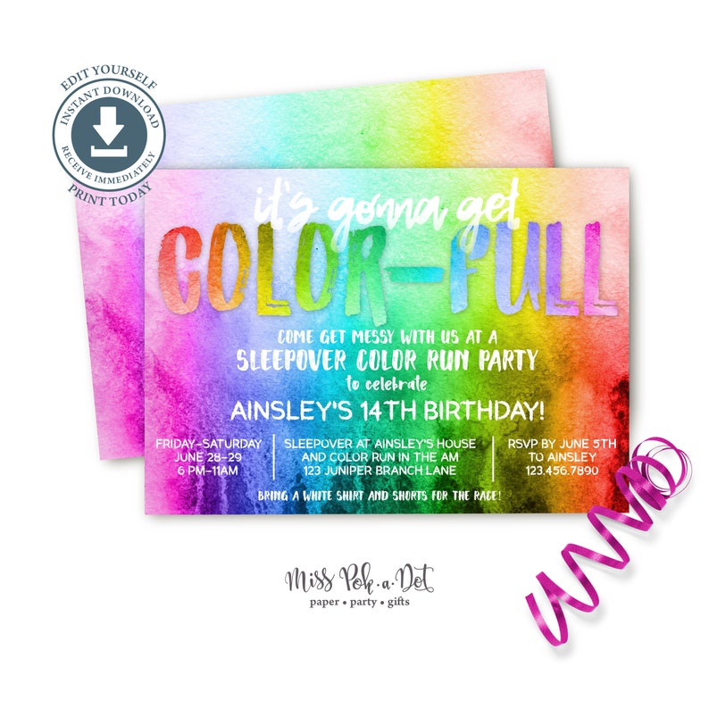 Color Run Birthday Party Invitation Editable Printable - Etsy