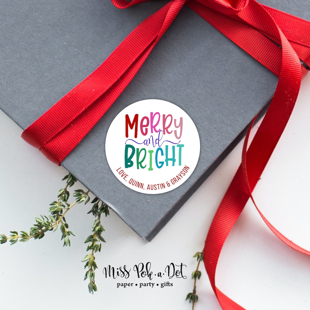 Merry and Bright Gift Sticker, , Printed, Personalized, Round Present ...