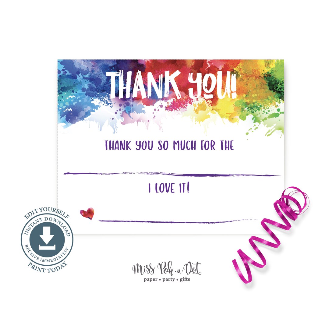 Art Birthday Party Thank You Card, Editable, Printable, Paint Splatter ...