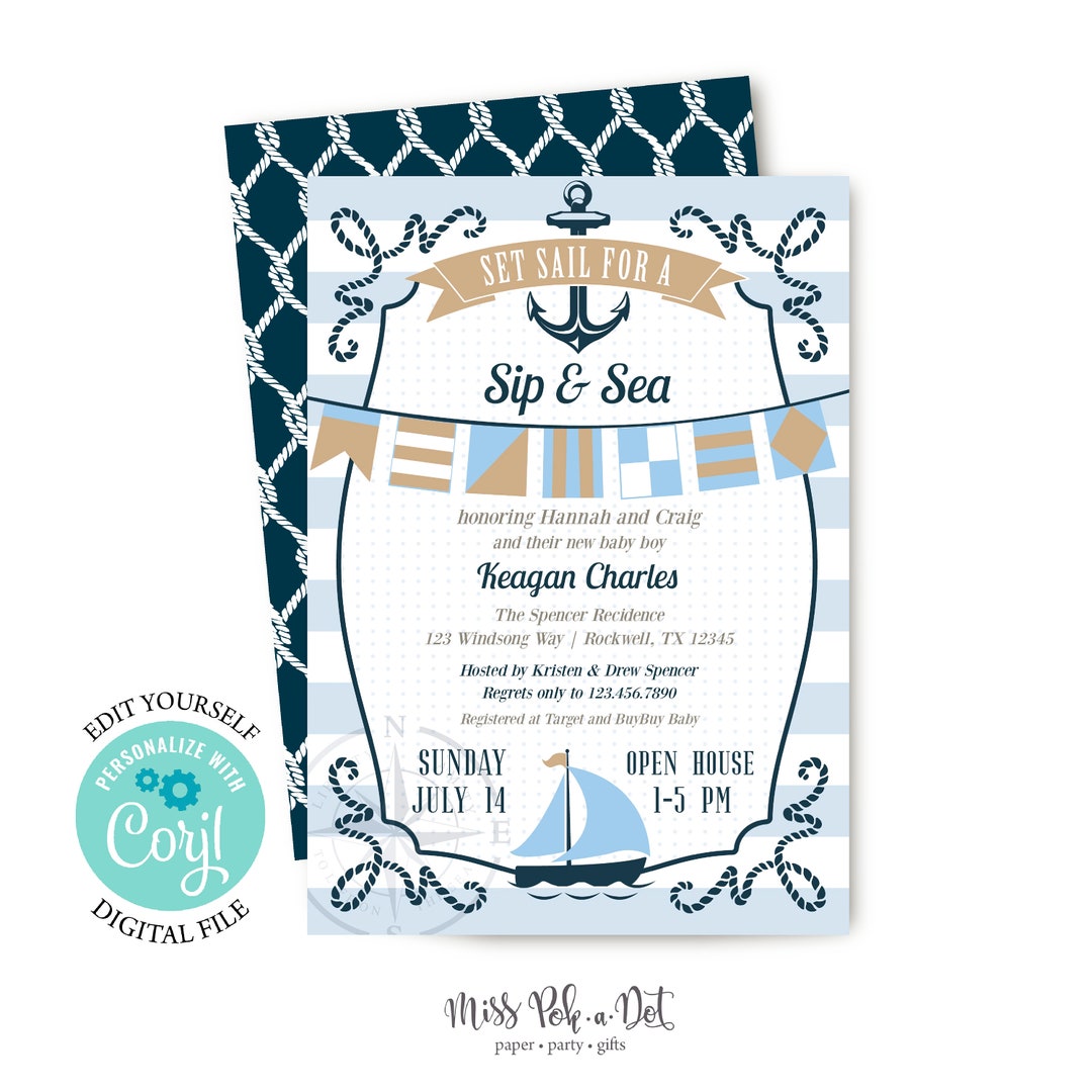 Nautical Anchor Sip and Sea Invitation, Editable File, Boy Baby Shower ...