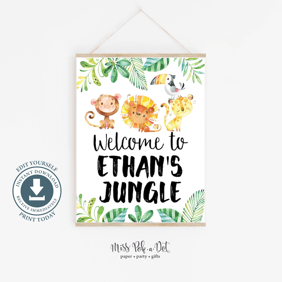 Jungle Safari Welcome Sign, Editable Printable, Birthday Party, Custom ...