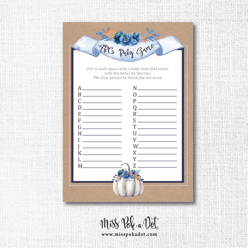 White Pumpkin Baby Shower Game Printable ABC Baby Items | Etsy