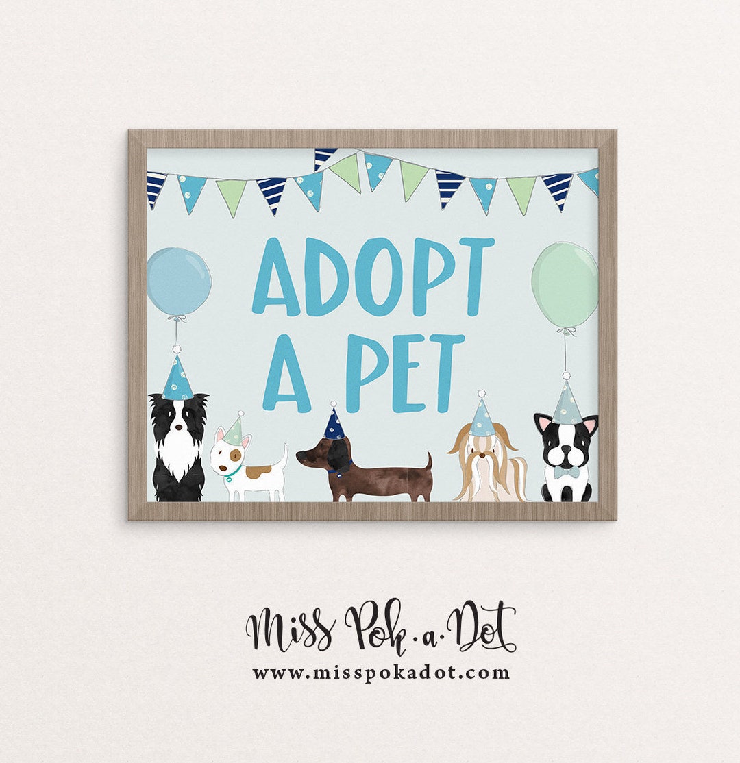 Adopt A Pet Sign, Printable, Blue Dog Birthday Party, Puppy Adoption ...