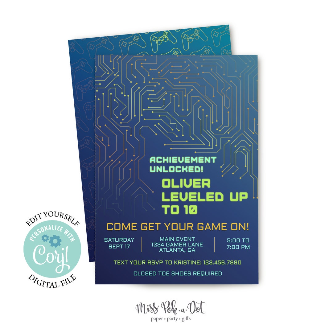 Editable Gamer Birthday Invitation Invite Video Game Tech Party ...