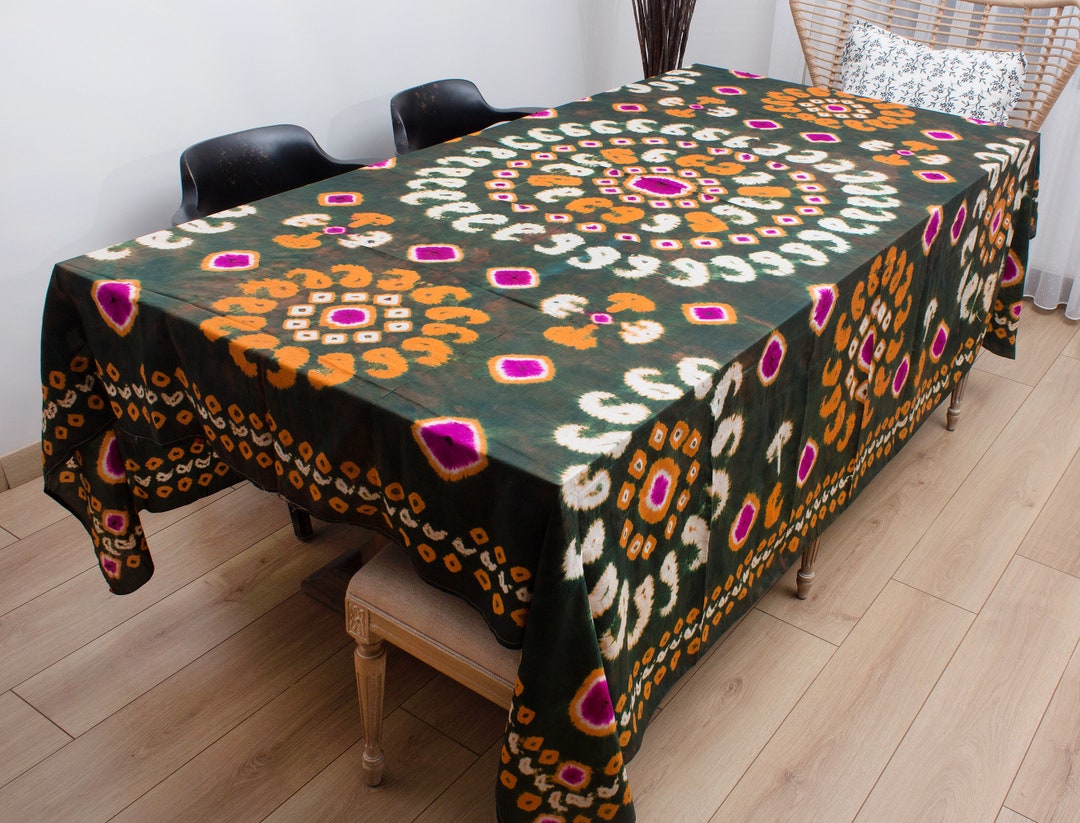 Batik, Vintage Uzbek Batik, Old Batik, 6.79' X 8.07' Uzbek Batik, Table ...