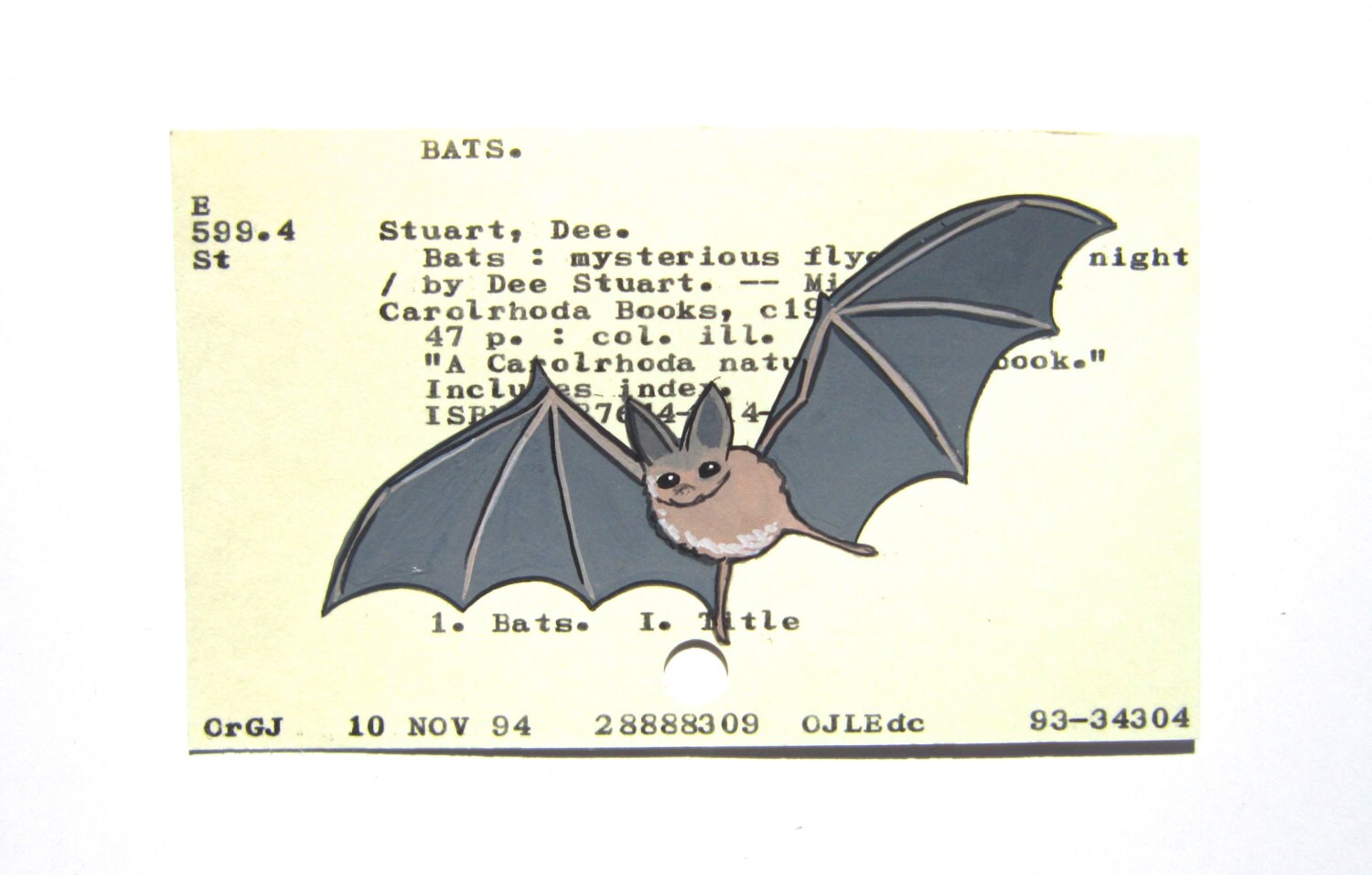 Bat Library Card Art Print of my painting of bat on library | Etsy