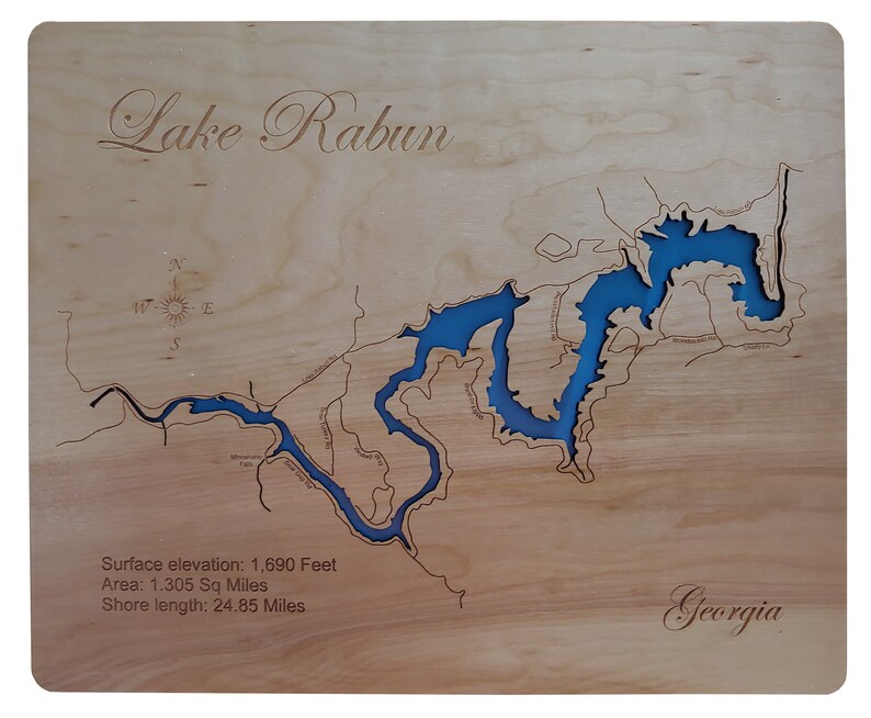 Lake Rabun Georgia Wood Laser Cut Engraved Map New Colors Etsy