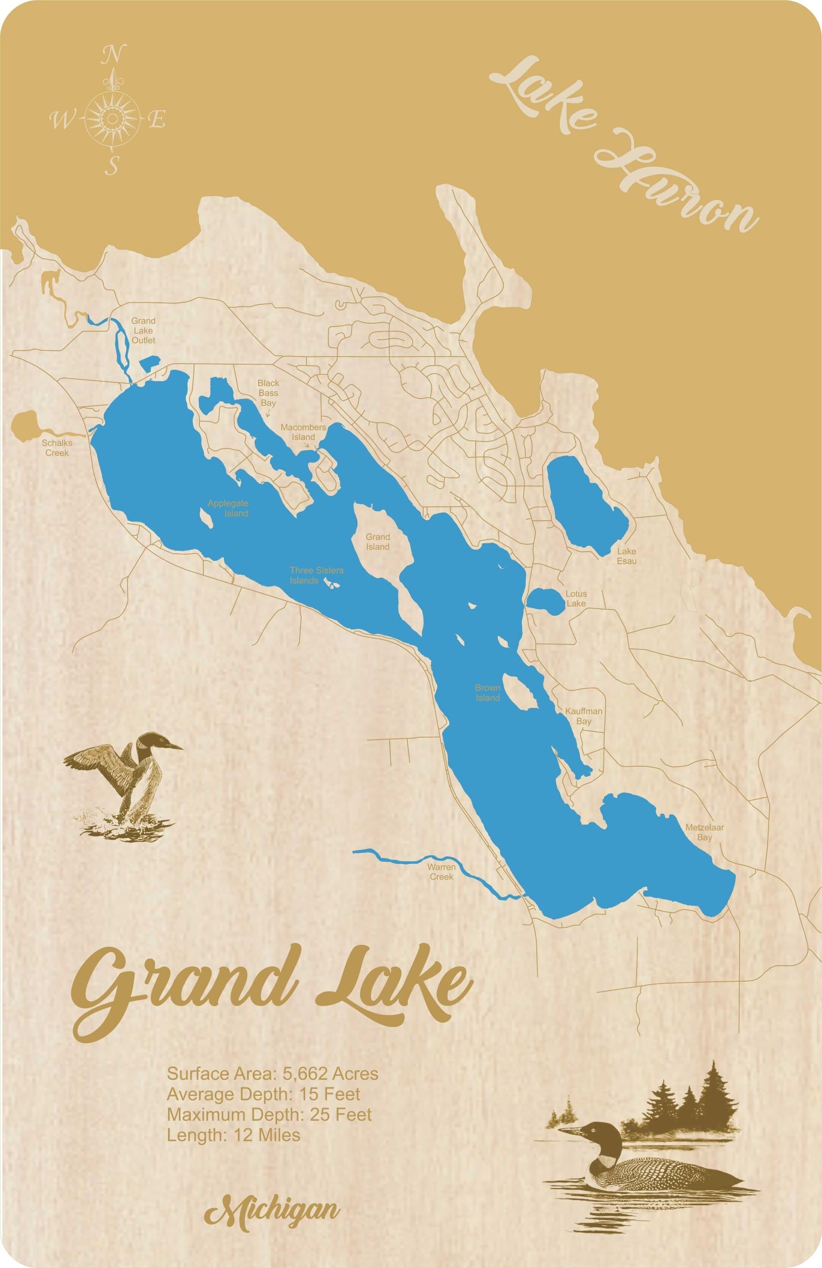 Michigan Wood Laser Cut Engraved Map Long Lake in Alpena and Presque ...