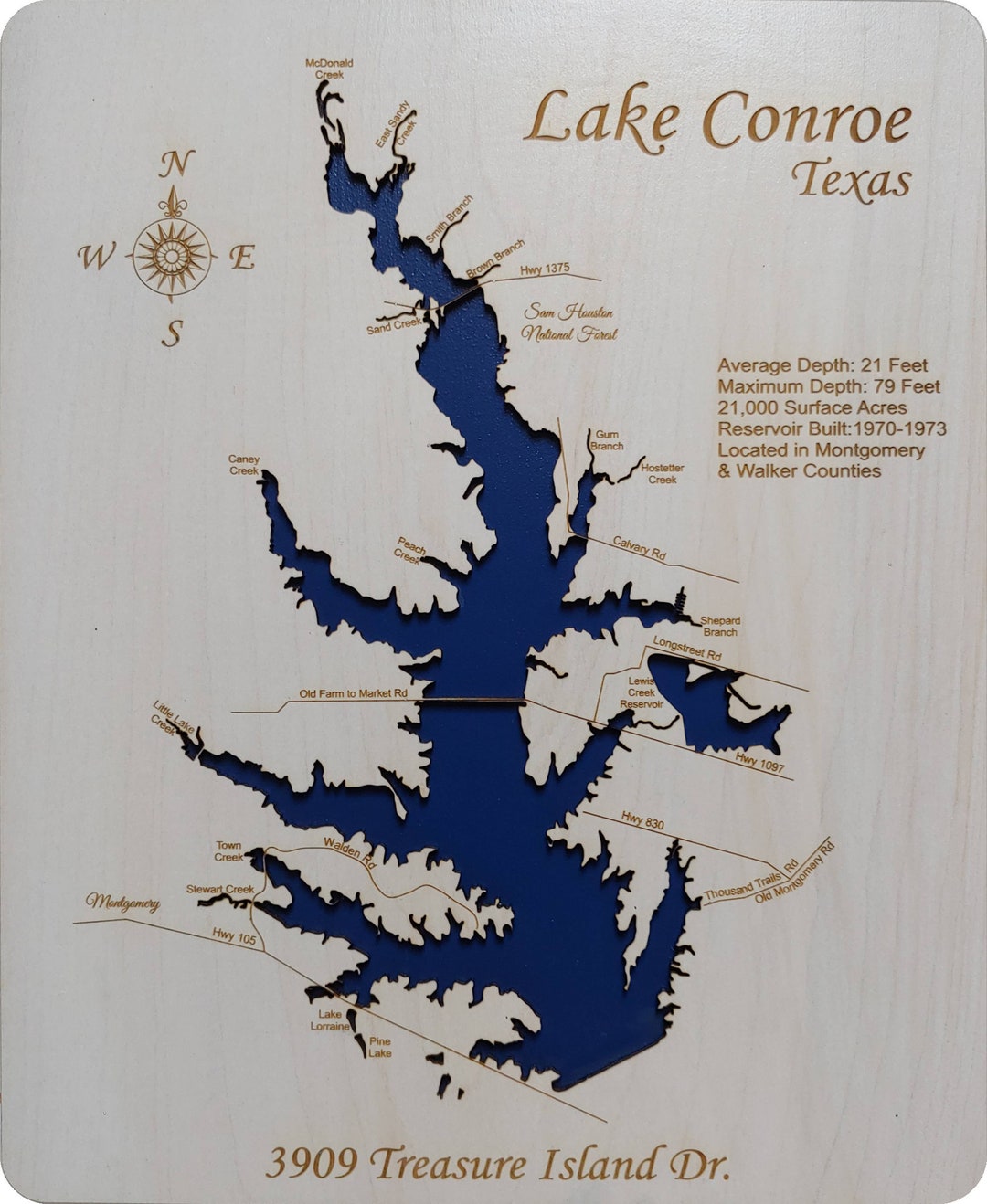 Lake Conroe, Texas - Precision Laser Cut/engraved Wood Map - Etsy