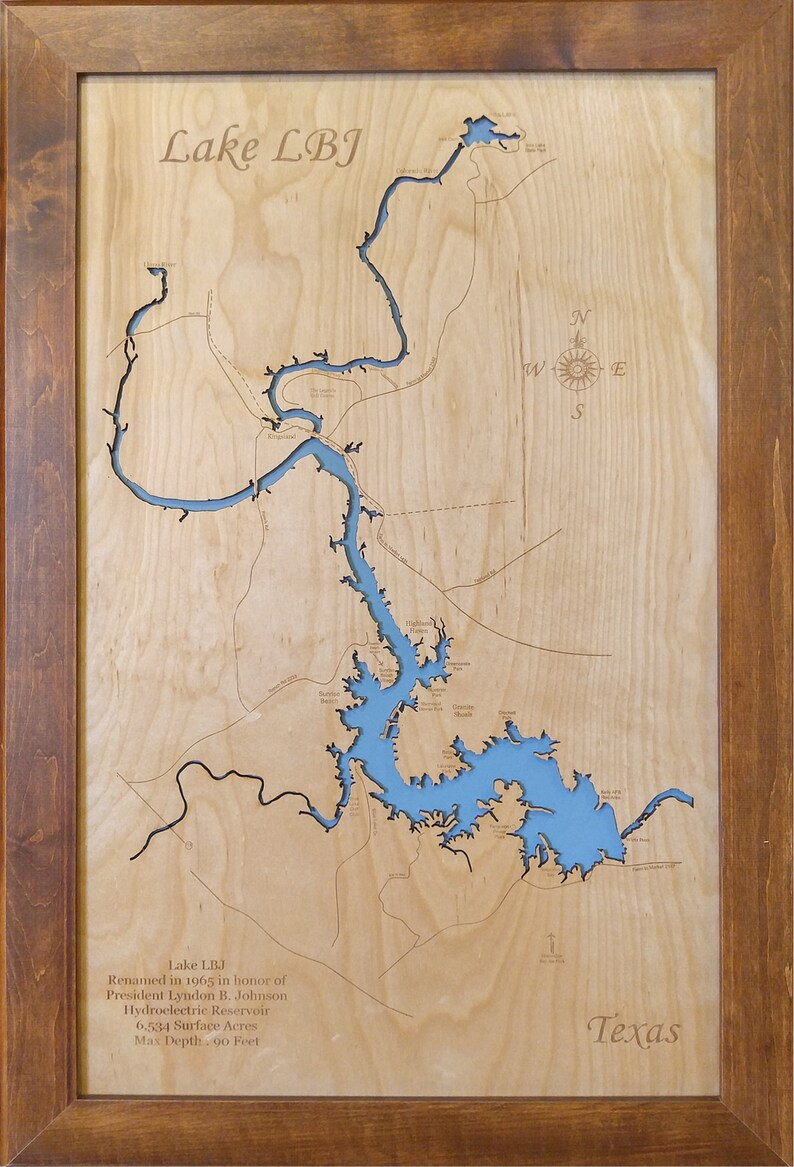 Lake LBJ, Texas - Precision Laser Cut/engraved Wood Map - Etsy