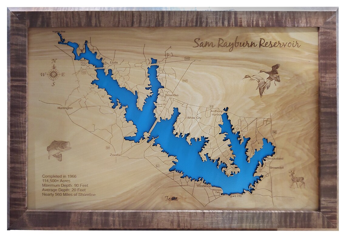 Sam Rayburn Reservoir, Texas - Precision Laser Cut/engraved Wood Map - Etsy