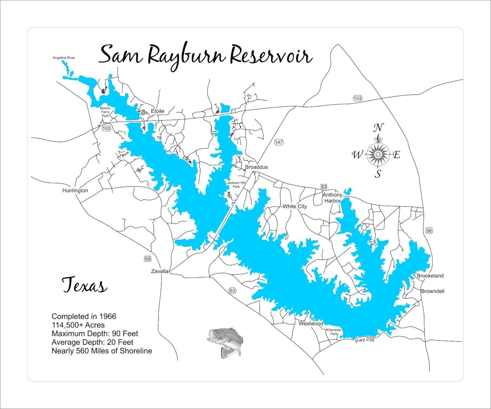 Sam Rayburn Reservoir, Texas - Precision Laser Cut/engraved Wood Map - Etsy