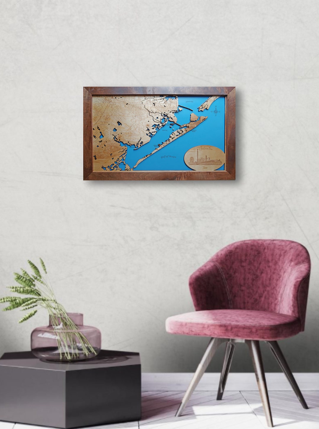 Galveston, Texas Wood Laser Engraved Map | Custom Text Included | Wood ...