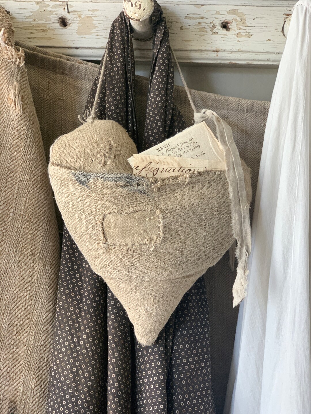 Antique Grainsack Hanging Heart Pocket/ Primitive Patches/keepsake ...
