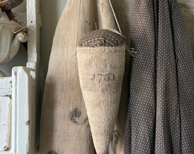 Primitive Pinkeep Pincushion, Antique Grain Sack Cone/ Brown Calico ...