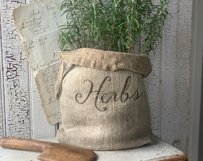 Antique Grainsack Pocket~ HERBS/ Primitive Wall Pocket/ Primitive Pouch ...