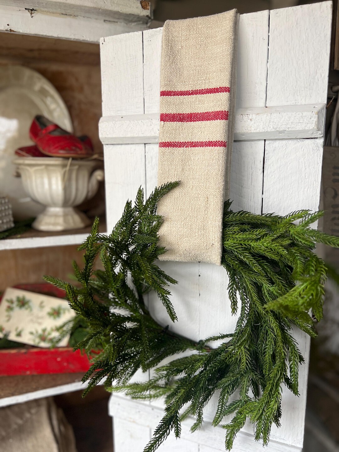 Antique Grainsack Wreath Hanger/ Primitive Style/ Red Stripe/ Antique ...