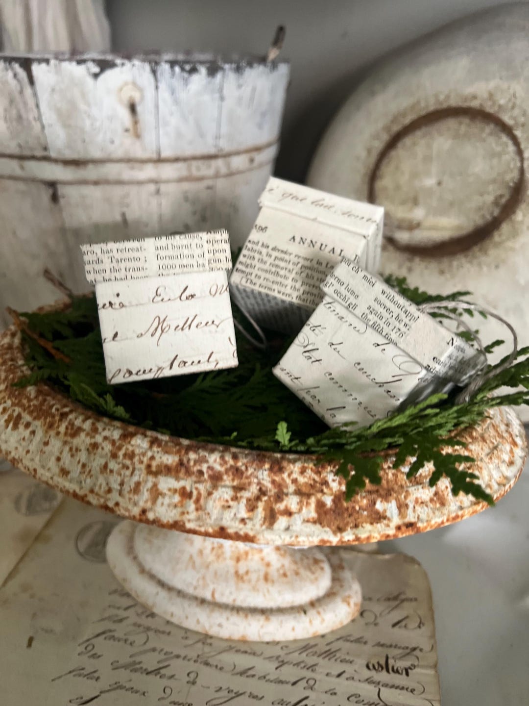 Antique Script Paper Covered Box Ornaments/french Script/ Set of Three ...
