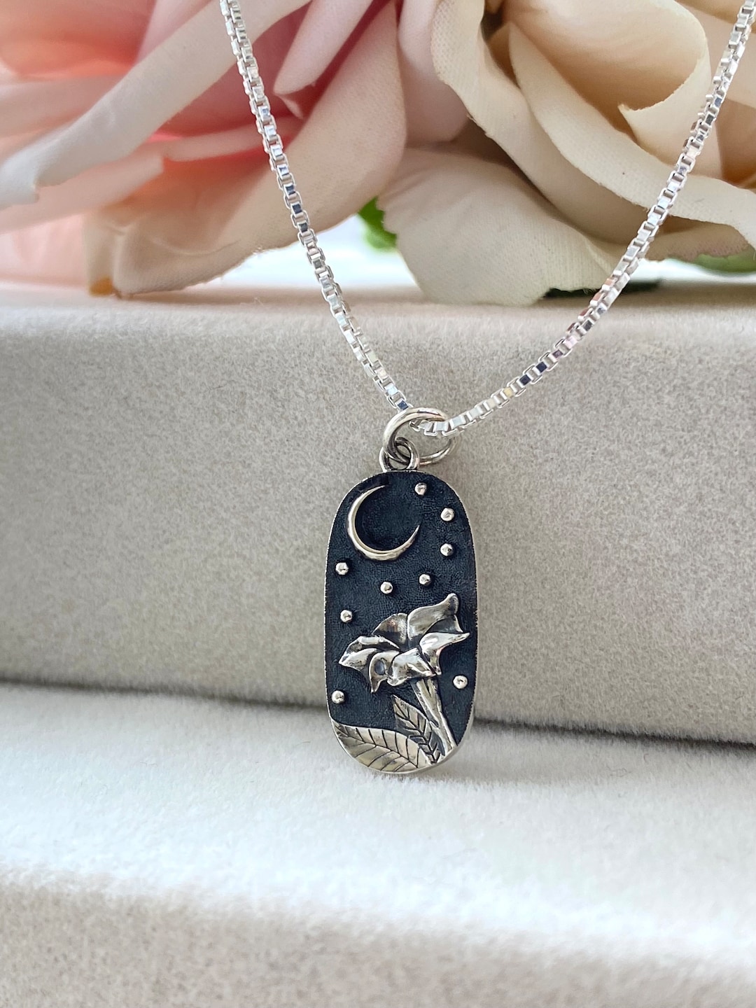 Sterling Silver Moon Flower Necklace: Celestial Botanical Jewelry - Etsy