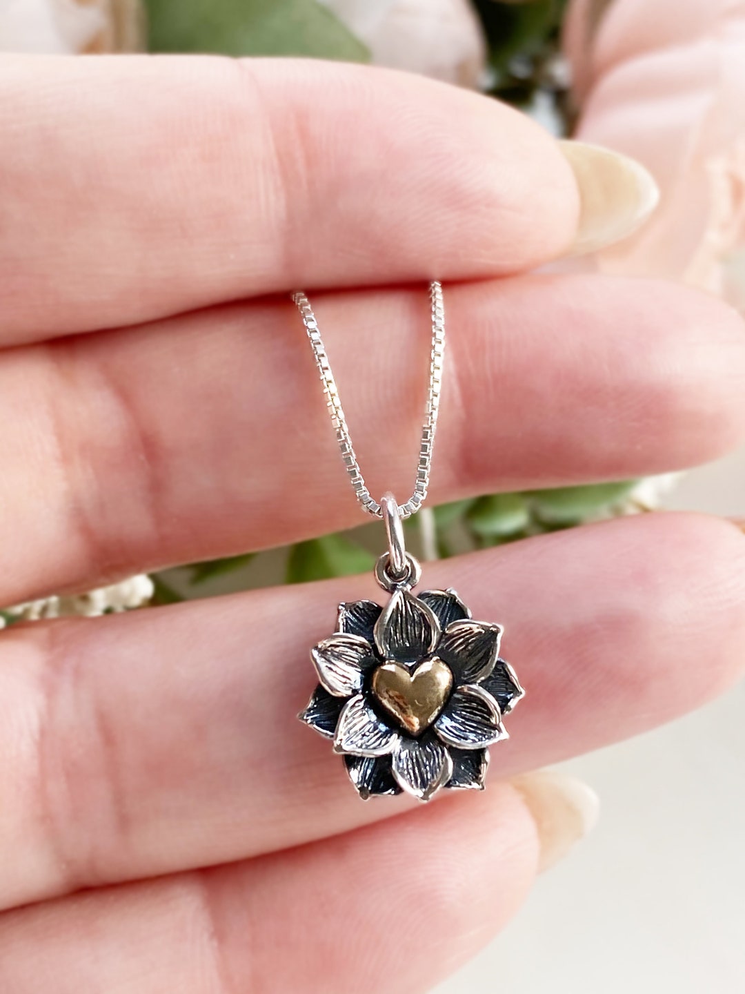Sterling Silver Lotus Necklace: Bronze Heart, Spiritual Jewelry - Etsy