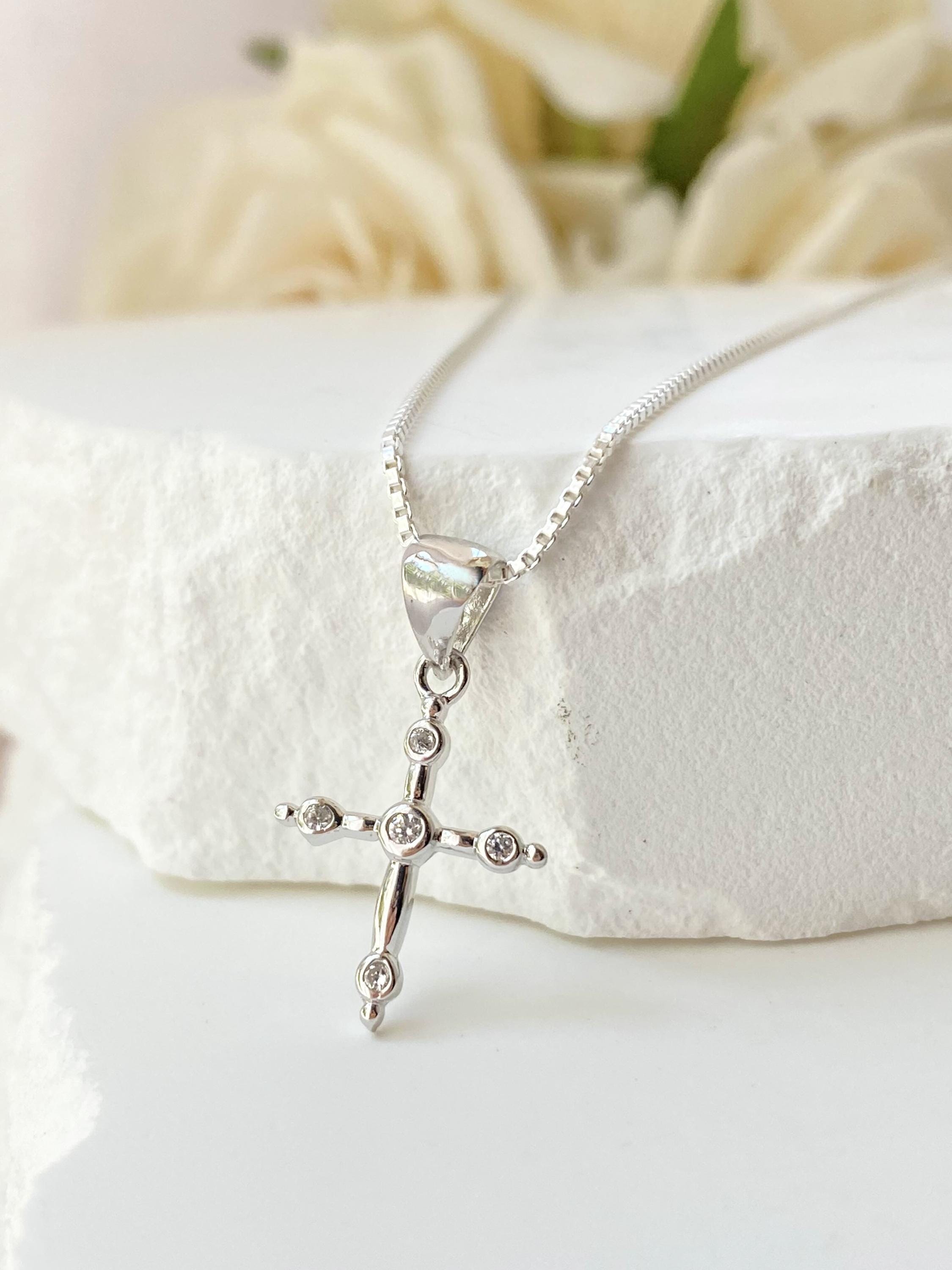 Dainty Sterling Silver Cross Necklace – CZ Accent Pendant - Etsy