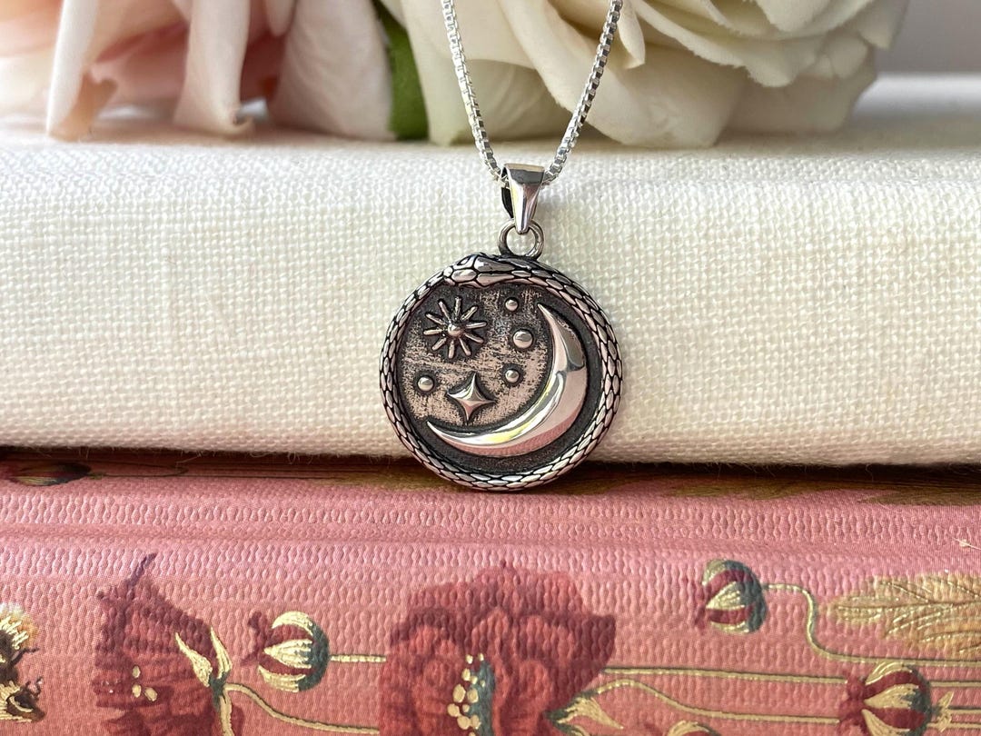 Sterling Silver Ouroboros Necklace: Celestial Moon & Star Pendant - Etsy