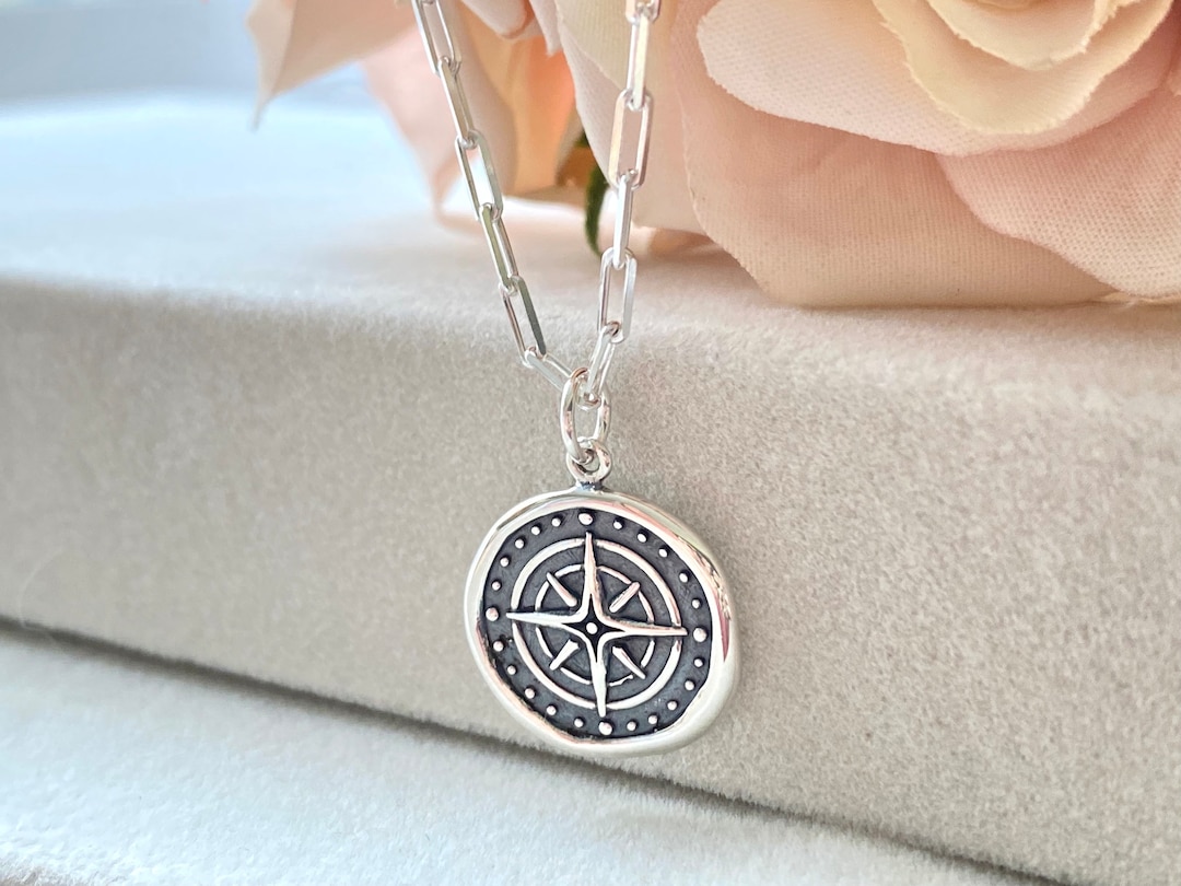 Sterling Silver Wax Coin Compass Necklace. Graduation Necklace, Independence Necklace, Compass ...