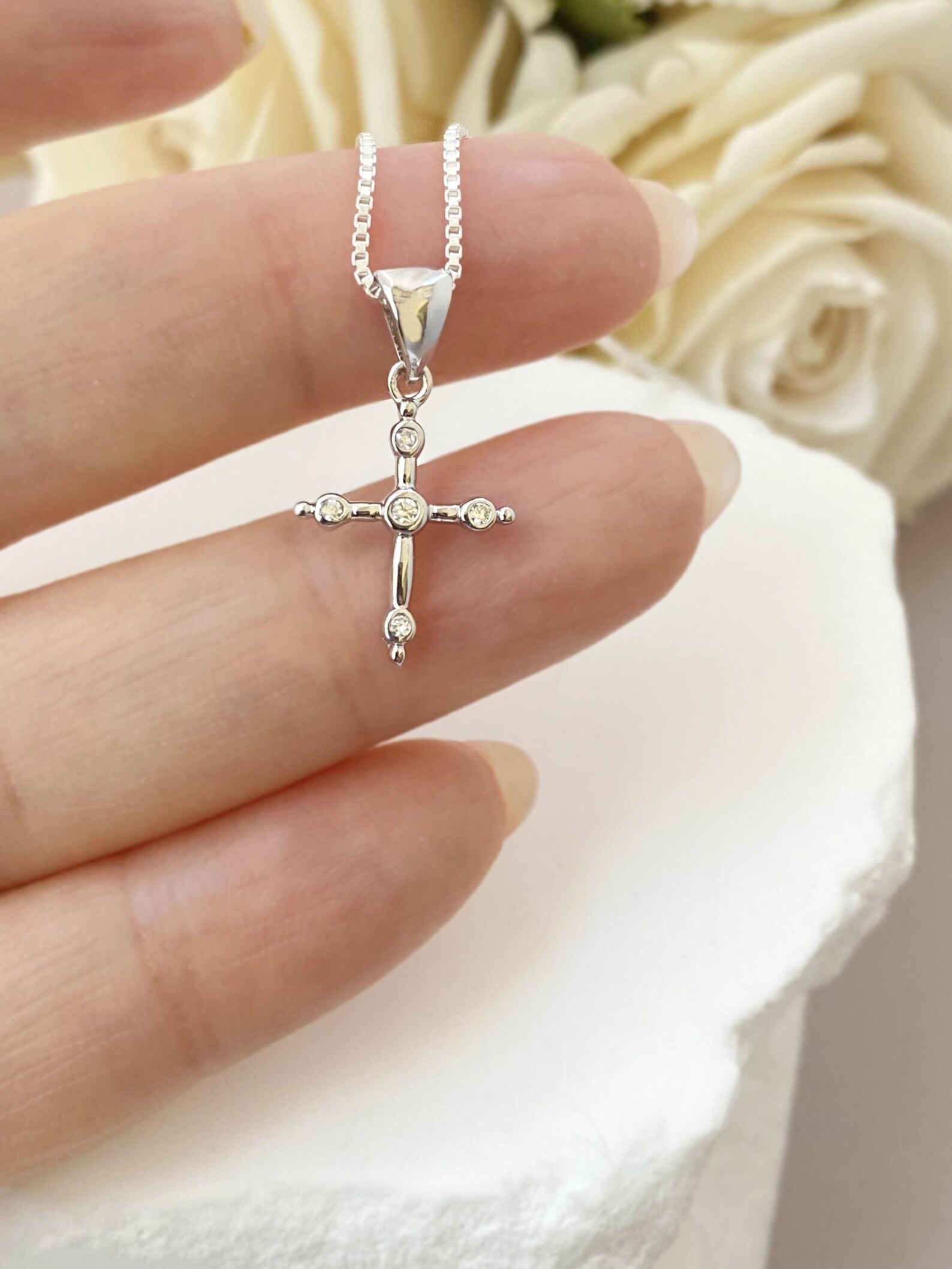 Dainty Sterling Silver Cross Necklace – CZ Accent Pendant - Etsy