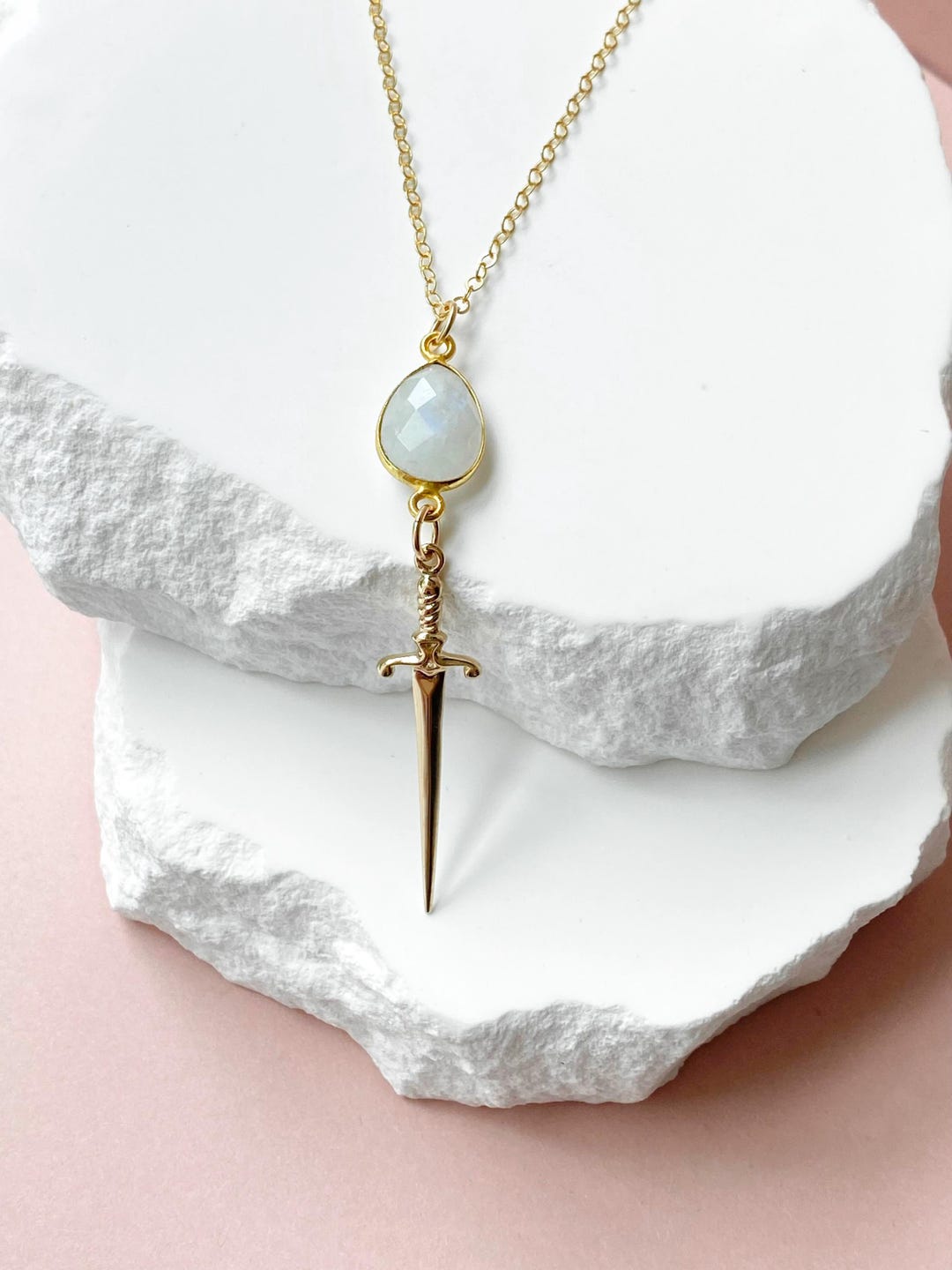 Gold Filled Moonstone With Sword Necklace. Sword Jewelry, Gemstone ...